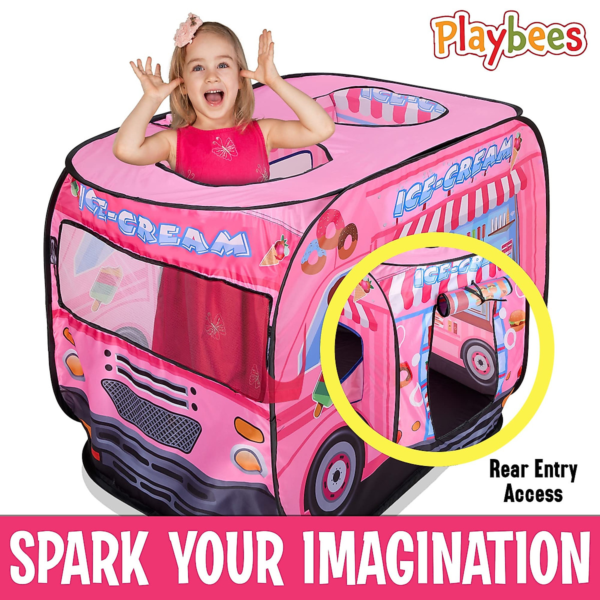 Playbees Musical Ice Cream Truck Pop Up Play Tent with 3 Openings - Tent for Toddlers - Indoor & Outdoor - Pop Up Tents for Kids - Includes Carry Bag and Sound Button- 43.5x28x26.5 Inch