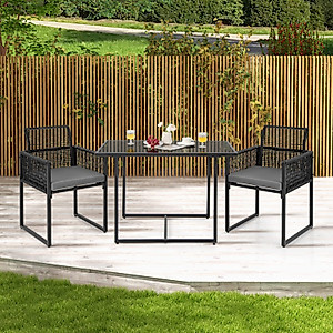 DORTALA Rattan Patio Furniture Set, 3-Piece Dining Set with Cushions, Tempered Glass Tabletop, Outdoor Wicker Small Chairs & Table Set for Backyard, Balcony, Poolside, Black