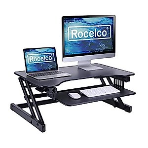 Rocelco 32" Height Adjustable Standing Desk Converter - Quick Sit Stand Up Dual Monitor Riser - Gas Spring Assist Tabletop Computer Workstation - Large Retractable Keyboard Tray - Black (R ADRB)