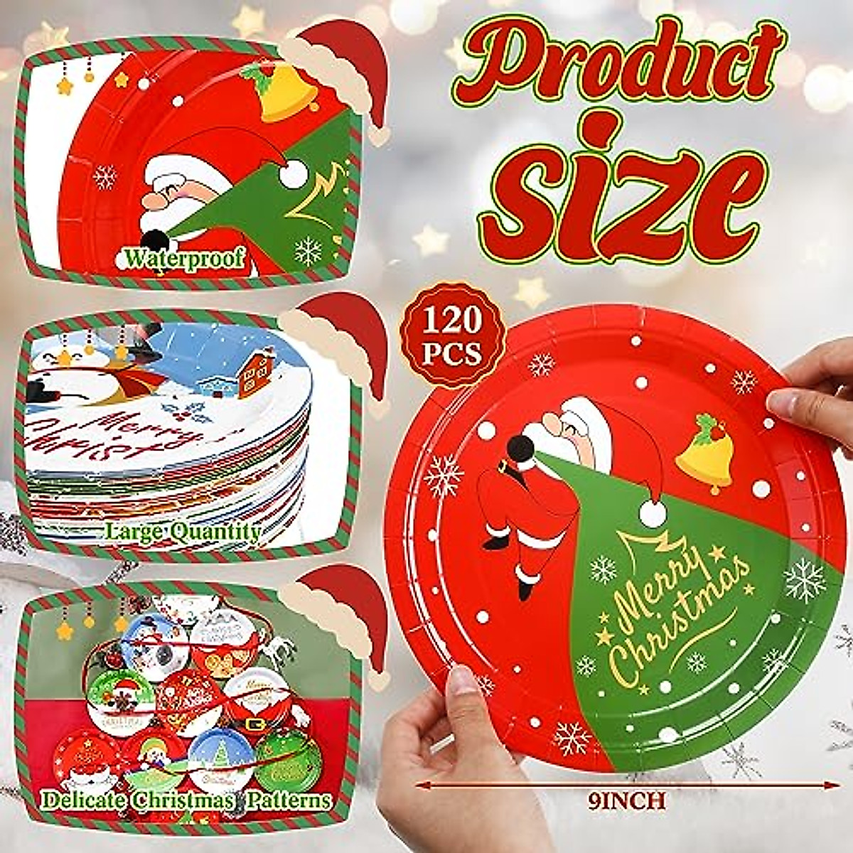 Sliner 120 Pcs 9 Inch Christmas Paper Plates Round Christmas Dinner Plates Cute Snowman Santa Themed Disposable Plates Dinnerware Plates for Xmas Winter Season Holiday Party Baking Cookie Dishware