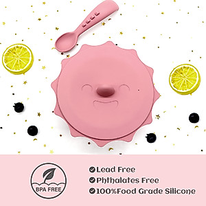 Baby Bowls with Lids and Spoons First Stage, Santi & Me Bowls with Suction and Spoon Silicone Feeding Set Perfect for Baby Dishes and Utensils Set(Dark Pink)