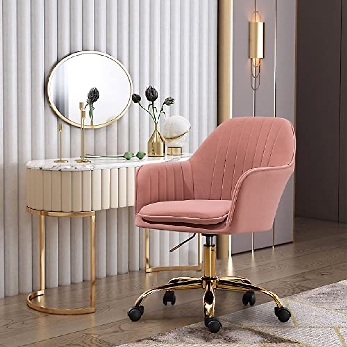 AVAWING Pink Chair Cute Office Chair, Mid-Back Vanity Chair Adjustable Task Office Chair 360°Swivel Roller Chair with Arms and Gold Metal Base for Home Office, Vanity Room, Bedroom