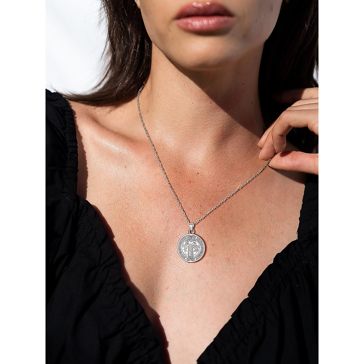 U7 Men Women St Benedict Necklace 925 Sterling Silver Round Medal Protect Saint Nursia Benedict Pendant and Chain 18 Inch