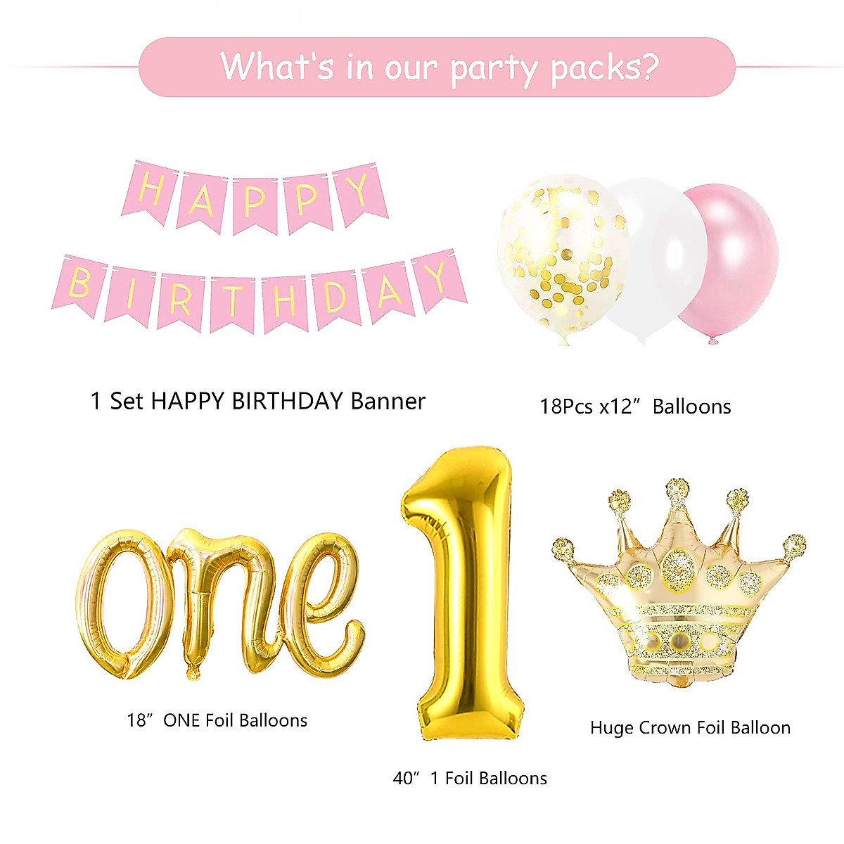 PYCALOW First Birthday Decorations Girl - 1st Birthday Baby Girl Decorations Include Balloons Box, Backdrop, Crown, Banner, High Chair Banner, Topper, Baby First One Year Old Girl Party Supplies