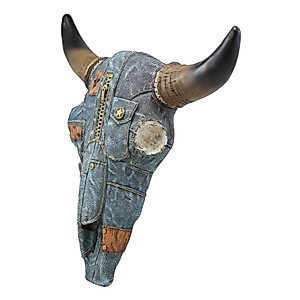Ebros 13" Wide Western Southwest Steer Bison Buffalo Bull Cow Horned Skull Head In Cowboy Blue Denim Jeans Design Wall Mount Decor Native Indian Sacred Animal Totem Bust Skulls