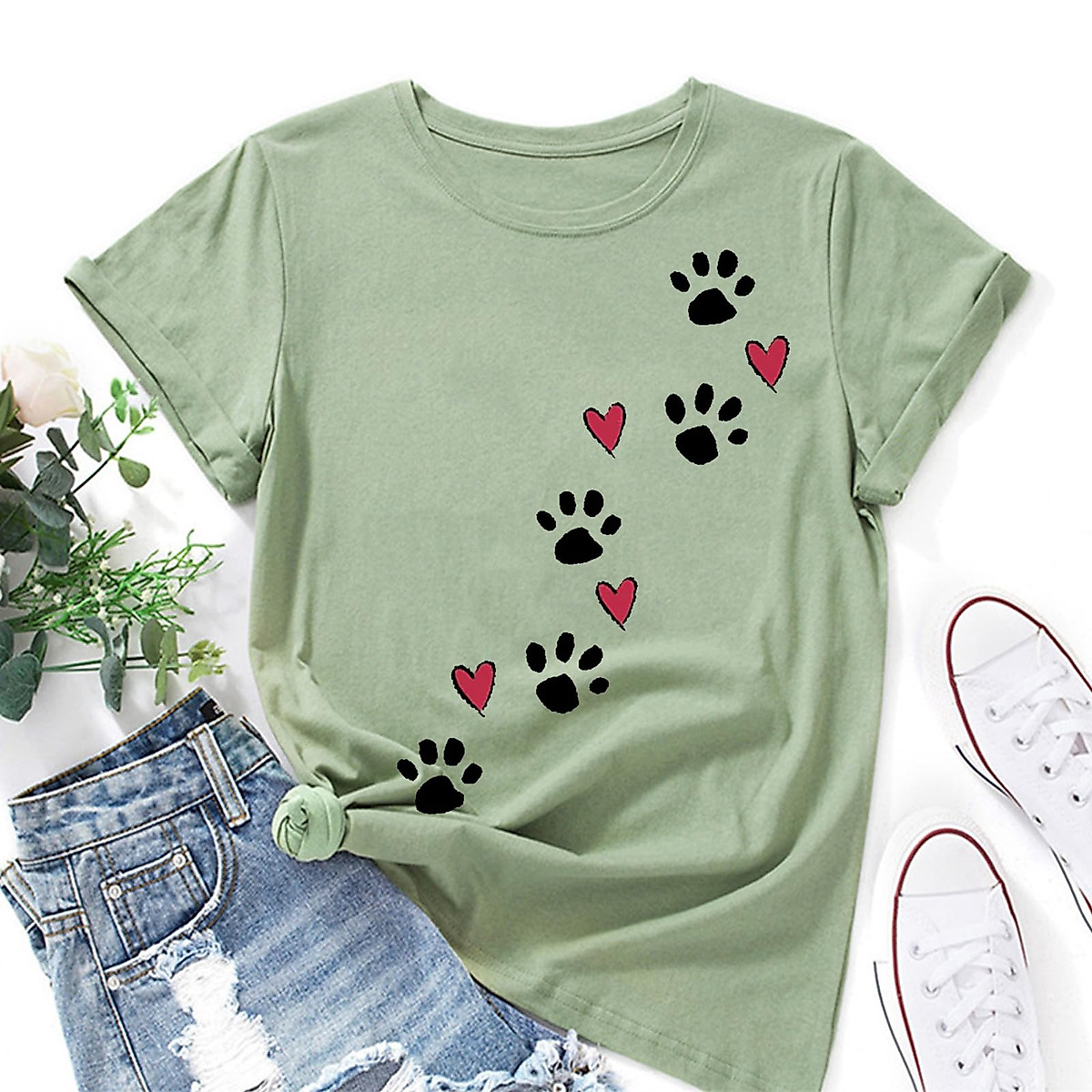 ETATNG Summer Love Heart Dog Paw Love Heart Print T-Shirt for Women Short Sleeve Dog Mom Graphic Tees Tops Mother's Day Shirts Green XXL
