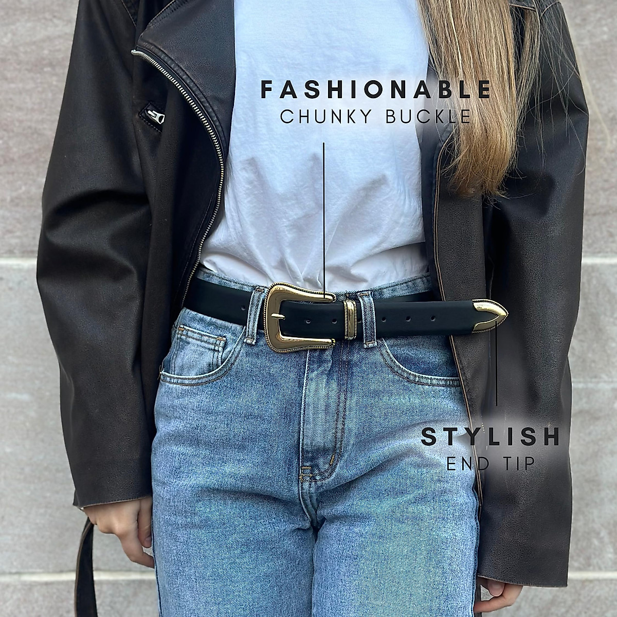 Citrusy Boutique Western Belt 2-Pack | Country Western Fashion Cowgirl Belts for Women | Cute Chunky Gold Western Belt Buckle | Cream and Black PU Leather Belts (Western Pack | Size M-L)