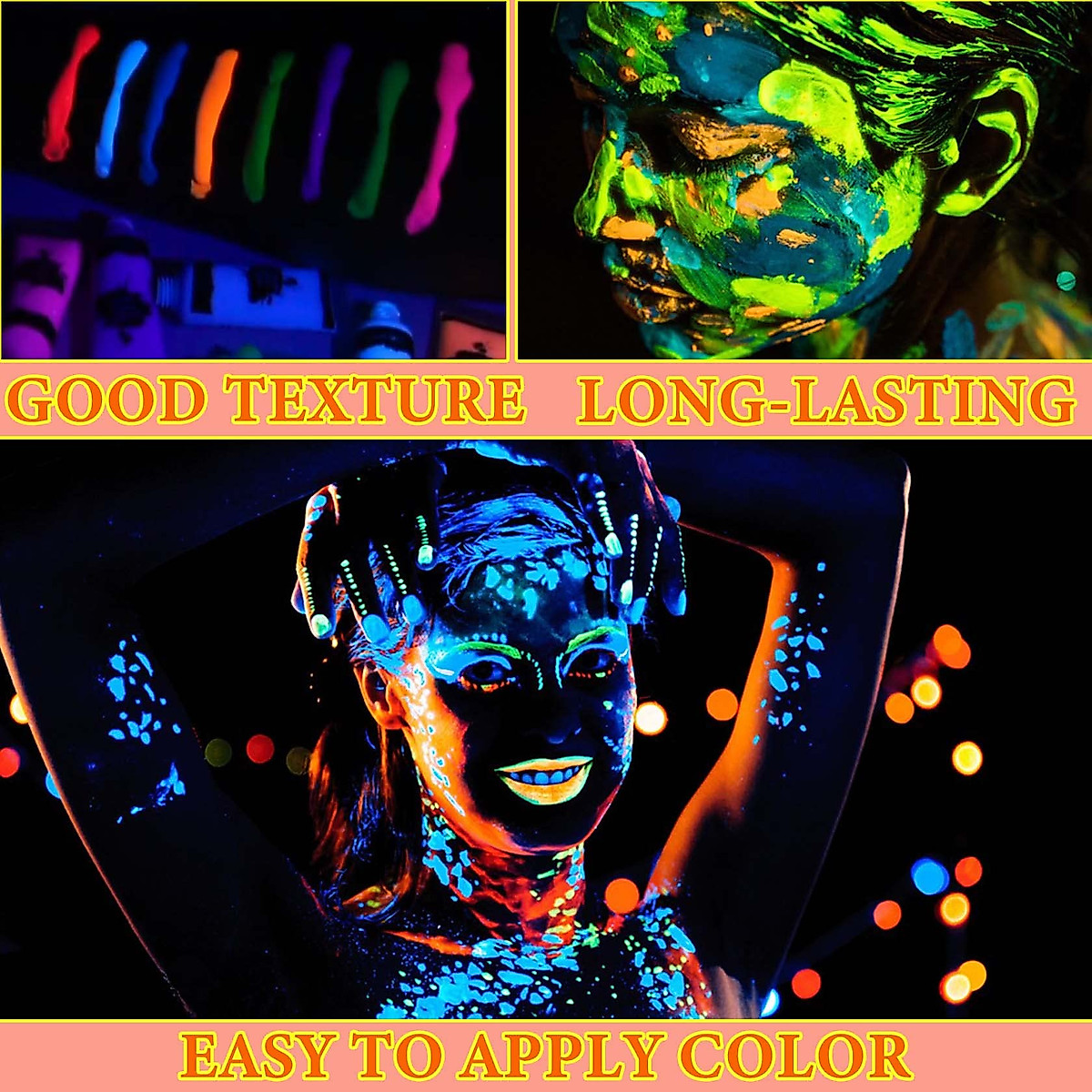 WENJLYJ 6 PCS Glow Body Paint Set,Glow in Dark Face Glitter Paint Body Glow Powder Neon Party Supplies Facial Highlighter Kits for Adults&Kids,Body Makeup