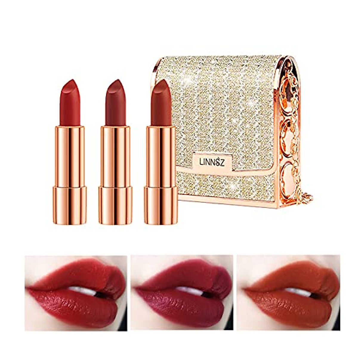 Gireatick Matte Lipstick Makeup Set for Woman, 3pcs Long Lasting Velvet Lipstick in One Glamour Chain Bag, Non-Stick Cup Red Lipstick, Not Fade Waterproof, Color Sensational Lipstick set, Lip Kit Gift Set