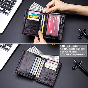 BULLCAPTAIN Large Capacity Genuine Leather Bifold Wallet/Credit Card Holder for Men with 15 Card Slots QB-027 (Purple)