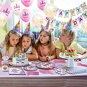 Unicorn Party Supplies Set - Serves 24 - Including Birthday Banner ,Large Tablecloth, Plates, Cups, Napkins, Straws , Headband, Sash, Unicorn Balloons & Much More.