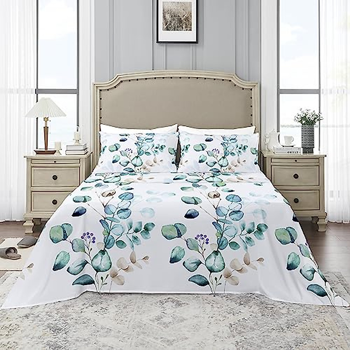 YIYEA Queen Sheet Set - Plant Print - Luxury Brushed Microfiber Bed Sheets - Lightweight Breathable Cooling Sheets for Queen Size Bed - 16" Deep Pocket, Shrinkage, and Fade Resistant - 4 PC