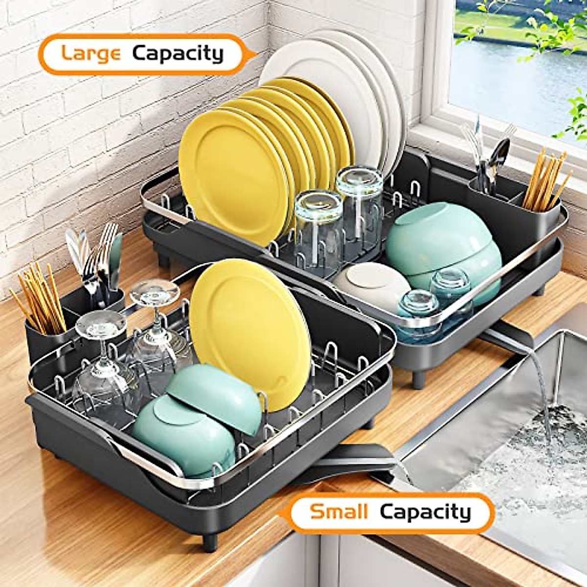 PXRACK Dish Drying Rack, Expandable(11.5"-19.3") Dish Rack for Kitchen Counter, Dish Rack and Drainboard Set, Dish Drainer with Utensil Holder for Kitchen Sink, Black