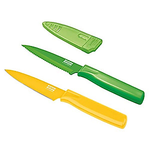 Kuhn Rikon Serrated Paring Knife with Safety Sheath, 4 inch/10.16 cm Blade, Green & Yellow
