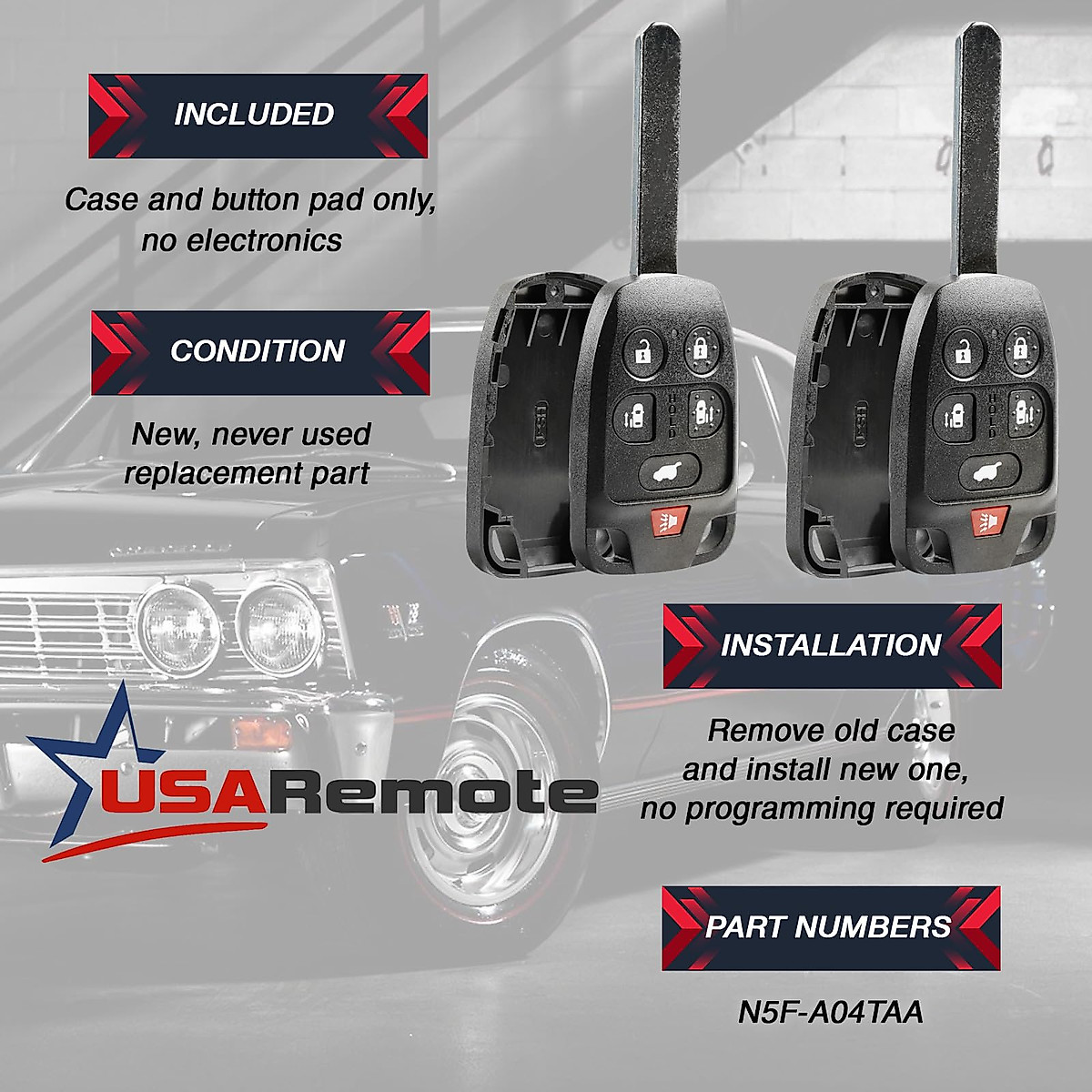 Key Fob Shell fits 2011-2013 Honda Odyssey Keyless Entry Remote Case & Button Pad (N5F-A04TAA), Set of 2