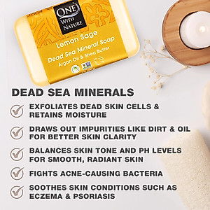 One With Nature Dead Sea Mineral Salt Lemon Sage 7oz Soap 3Pk, Argan Oil & Shea Butter - Dead Sea Salt Contains Magnesium, Sulfur & 21 Essential Minerals - All Skin Types, Acne, Psoriasis, Eczema