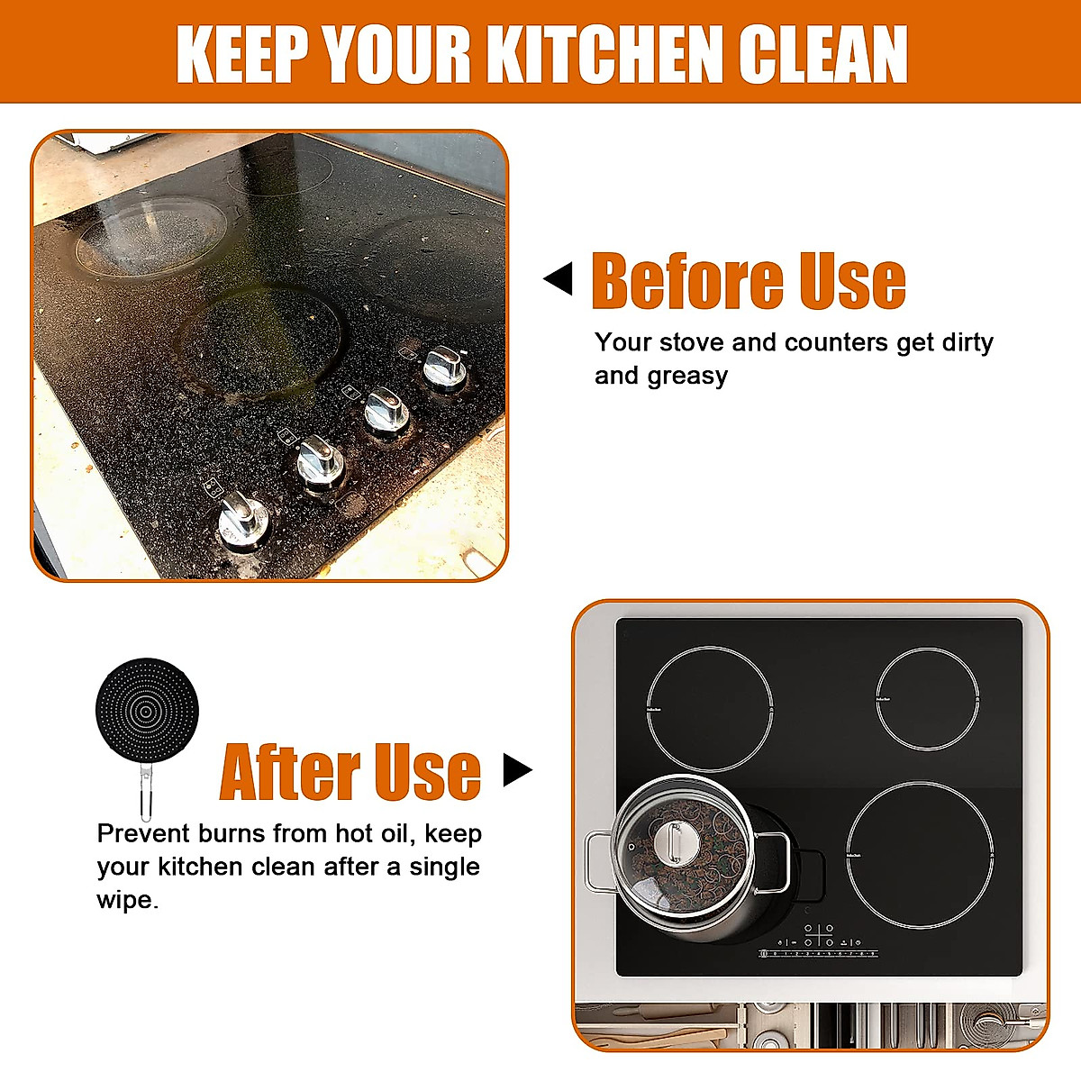 Silicone Splatter Screen for Frying Pan 13”, Foldable Grease Splatter Guard Heat Resistant Oil Splash Guard - Stop Hot Oil Splatter, Pan Strainer, Pan Cover, Non Stick, Multi-Use, Black