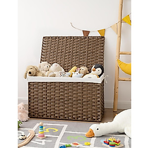 StorageWorks Storage Basket with Lid, 160 Liter Storage Box, Wicker Blanket Storage Basket with Handles, Foldable, Removable Fabric Liner, Metal Frame, For Bedroom, Laundry Room, Brown