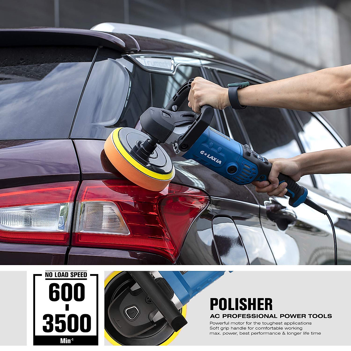 G LAXIA 7-inch Polisher, 10.8Amp Buffer Polisher with 6 Variable Speeds 600-3500RPM, Detachable Handle, 3 Pads for Car Polishing and Waxing
