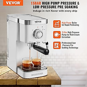 VEVOR Espresso Coffee Machine, 15Bar Semi-Automatic Espresso Maker with Milk Frother Steam Wand, Professional Cappuccino Latte Machine with High-Power Boiler & Removable Water Tank, NTC Control System