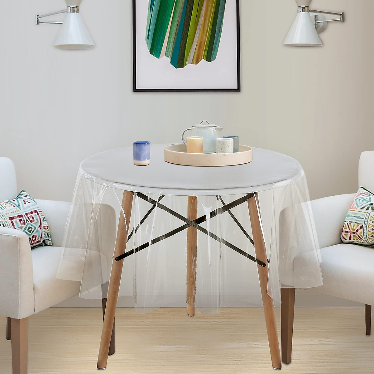 sancua Clear Plastic 100% Waterproof Round Tablecloth - 70 Inch - Vinyl PVC Table Cloth Protector Oil Spill Proof Wipe Clean Table Cover for Dining Table, Parties & Camping, Crystal Clear