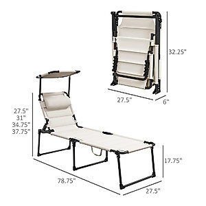 Outsunny Outdoor Lounge Chair, Adjustable Backrest Folding Chaise Lounge, Cushioned Tanning Chair with Sunshade Roof & Pillow Headrest for Beach, Camping, Hiking, Cream White