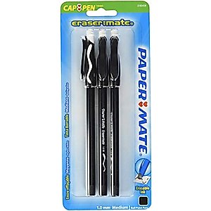 Paper Mate EraserMate Pen Stick, Stick Ball Point Pen Black Barrel Medium-1.0mm, 3-Carded, Black Ink (SAN-3160458PP)