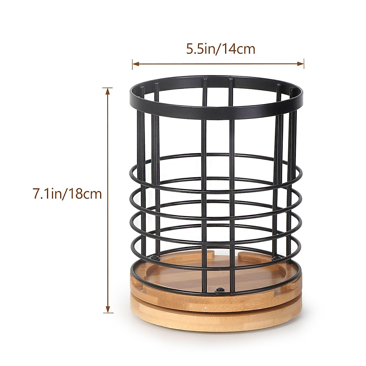 JSVER Utensil Holder Kitchen Utensil Holder, Round Utensil Holder for Kitchen Counter, Cooking Utensil Holder With Wooden Base Matte Black, 360° Rotating Kitchen Utensils Holder