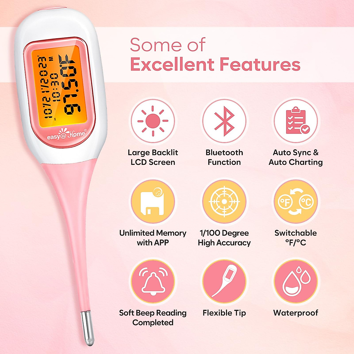 Easy@Home Smart Basal Thermometer, Large Screen and Backlit, FSA Eligible, Period Tracker with Premom(iOS & Android) - Auto BBT Sync, Charting, Coverline & Accurate Fertility Prediction EBT-300