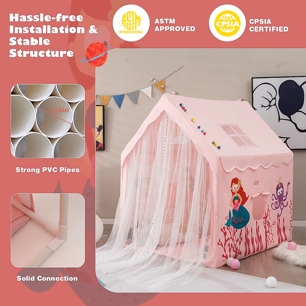 Costzon Kids Tent with Padded Cotton Mat, Large Playhouse for Girls w/Longer Mesh Curtain, Solid Frame, Roll-Up Windows, Indoors and Outdoors Princess Tent Castle Playhouse for Toddlers (Pink)