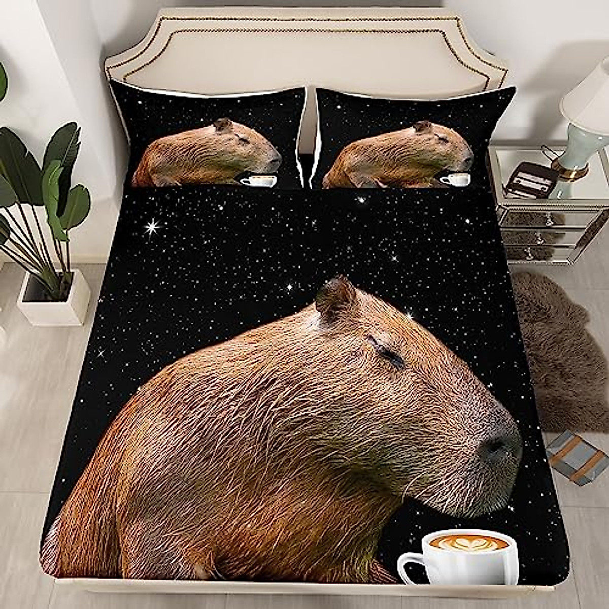 Capybara Twin Size Bed Sheets Boys Girls Capybara Animals Lovers Bed Sheet Set For Kids Women Men Galaxy Starry Sky Ultra Soft Fitted Sheet Coffee Brown Black White Bedding Sheets Bedroom Decor 3Pcs