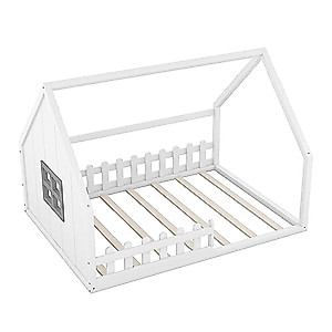 House Bed Full Size, Wood Floor Bed for Kids, Montessori Bed with Railings and Slats for Boys Girls, Low to Ground Height, No Box Spring Needed, White