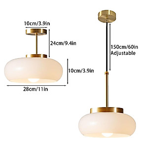 Pairosenvi Pendant Light Fixture, Hanging lamp with Hand-Blown Glass Lampshade, American Retro Style Hanging Light, Height Adjustable Semi Flush Ceiling Light for Kitchen Island, Bathroom… (White)