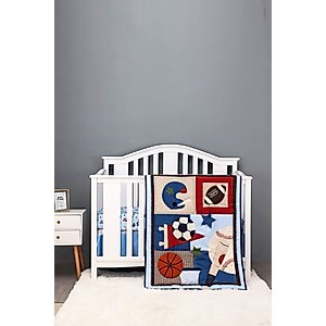 CribMATE 3 PCs Blue Sport Nursery Crib Bedding Set Baby Boy Sports Theme Cot Bedding Set 1 Quilt 1 Fitted Sheet 1 Skirt, Blue , Red , Brown, 28 X 52