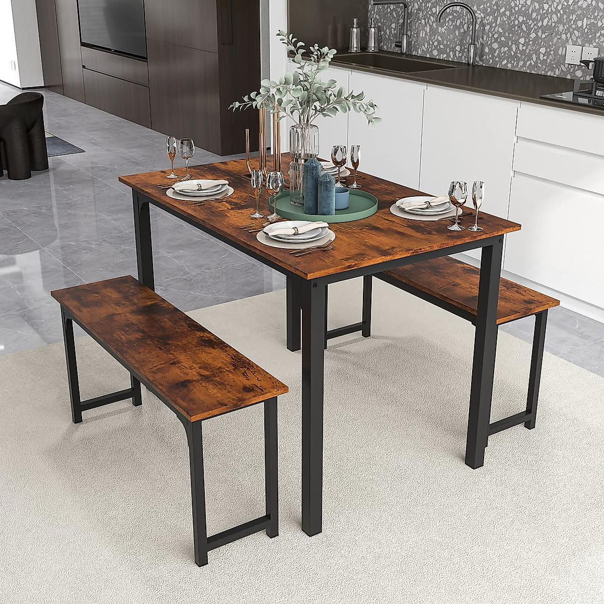 IFANNY Dining Table Set with 2 Benches, Industrial Kitchen Table & Chairs with Metal Frame, Space-Saving Breakfast Nook Table Set, 3 Piece Dinette Set for Farmhouse, Bar, Restaurant (Brown)