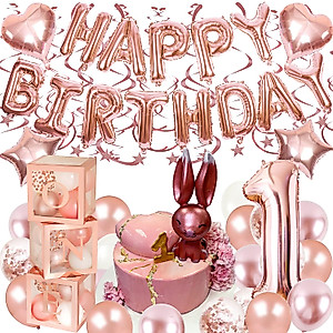 First Birthday Balloon Boxes Decorations for Girl, 72Pcs 1st Birthday Party Decorations Includes White Transparent Boxes Baby Rose Gold Balloons 40 Inch Foil Balloons 18 Inch HAPPY BIRTHDAY Foil