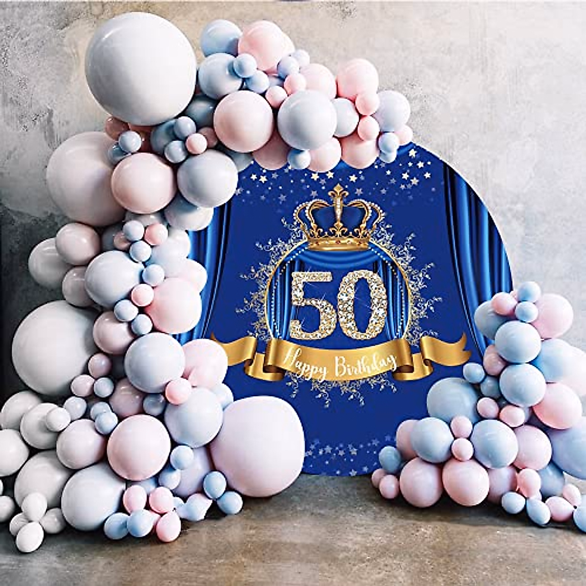 Leyiyi 6.5x6.5ft Happy 50th Birthday Round Backdrop Royal Blue Curtain Drapes Luxury Golden King Crown Photography Background Prince Men Fifty Birthday Party Decor Banner Photo Booth Props