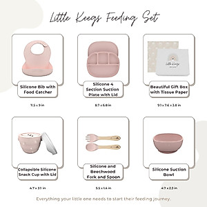 Little Keegs Baby Feeding Set - Baby Must Haves Gift Set - Baby Led Weaning Supplies - Toddler Silicone Dishes - Suction Baby Bowl, Bib, Snack Cup, Utensils, Baby Plate Set of 8 (Pink)