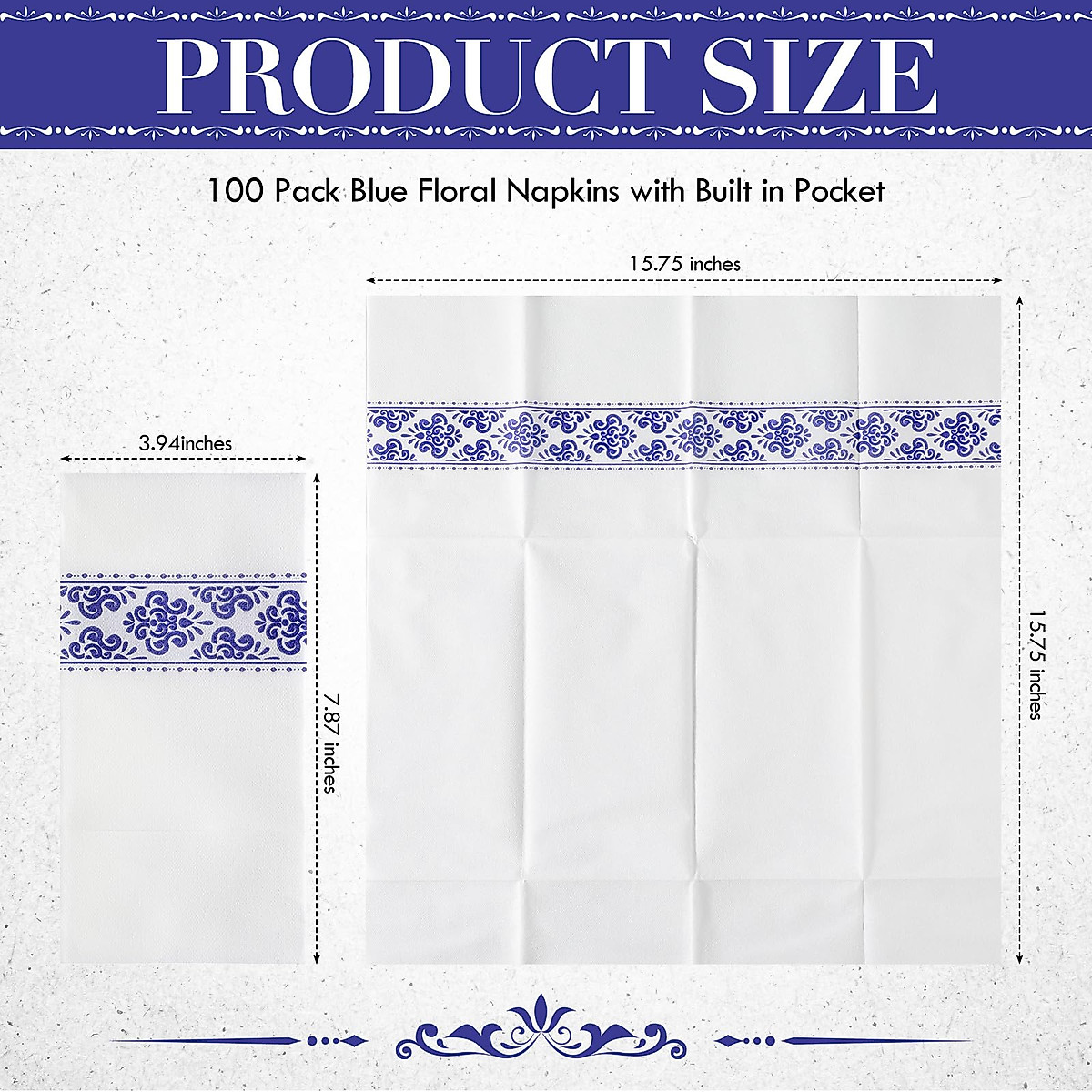 Qilery 100 Pack White Pocket Napkins Paper Dinner Napkins Blue Floral Napkins with Built in Flatware Pocket Disposable Airlaid Paper Napkins Blue Porcelain Linen Feel Dinner Pocket Napkins for Wedding
