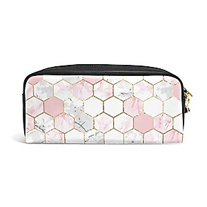 ALAZA Cute Pencil Case White Marble Rose Gold Lattice Geometric Pen Cases Organizer PU Leather Comestic Makeup Bag Make up Pouch