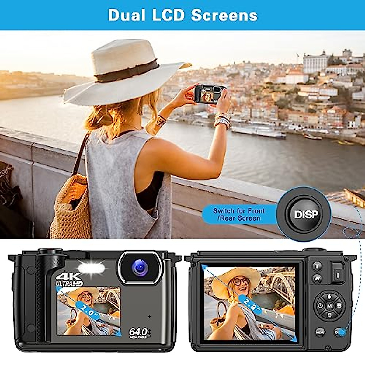 4K Digital Camera,Vmotal UHD 64MP Photo 4K/60FPS Video,Dual Screens/16x Zoom/Time-Lapse/Slow-Motion/with WiFi/Autofocus Vlogging Camera Beginner