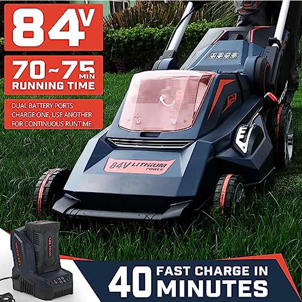 PowerMax 84-Volt Lithium Battery Self-propelled Lawn Mower Cordless Brushless Motor Smart Cut (TM) 20-Inch 70mins Running Two 2.5AH Batteries Included - M010A00