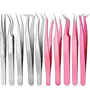 10 Pieces Eyelash Extension Tweezers Stainless Steel Curved Tweezers Volume Eyelash Tweezers Eyelash Isolation Tweezers Eyelash Application Tools for Eyelash Accessories, Silver, Rose Red, 5 Styles