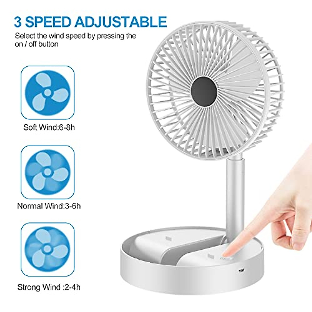 Maelifu Folding Fan Quiet 3- Speed Wind Highly Stretchable Simulated Natural Wind 180 ° Adjustment Battery Powered or USB Powered Home Desk Bedroom Portable Travel Mini Decorative Fan (White) (White)