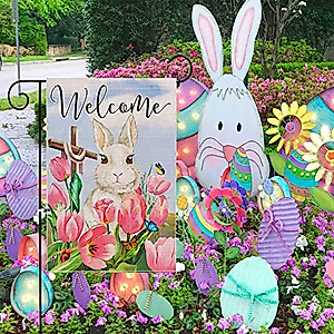 Hexagram Easter Garden Flag, Bunny Easter Flag 12x18, Spring Tulip Flowers Decorations for Outside Outdoor Yard, Farmhouse Easter Bunny Small Flag, Decorative Burlap Welcome Sign Banner Outdoor Decor