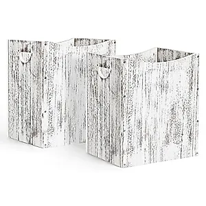 Office Trash Can, Rustic Waste Basket Set 2 Pack Wood Trash Can Farmhouse Style Wastebasket, 5.28 Gallon Garbage Bin with Handle for Living Room Bedroom Bathroom Trash Can (2, Rustic White)