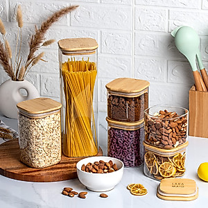 Laramaid Glass Jar Set (3x22oz/1x35oz/1x40oz/1x71oz) Set of 6 with Minimalist Pantry Labels, Square Canister Jars with Bamboo Lids and Customized Sticker Labels