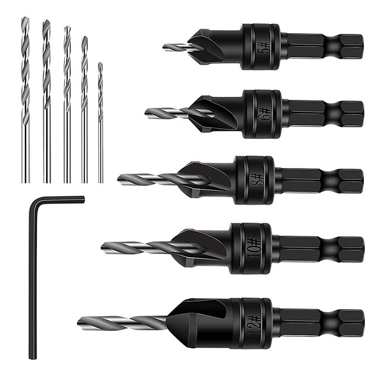 82° Countersink Drill Bit Set 5pcs 1/4" Quick Change Adjustable Tapered Drill Bits and Replacement Drill bits 5pcs with Allen Key for Woodworking