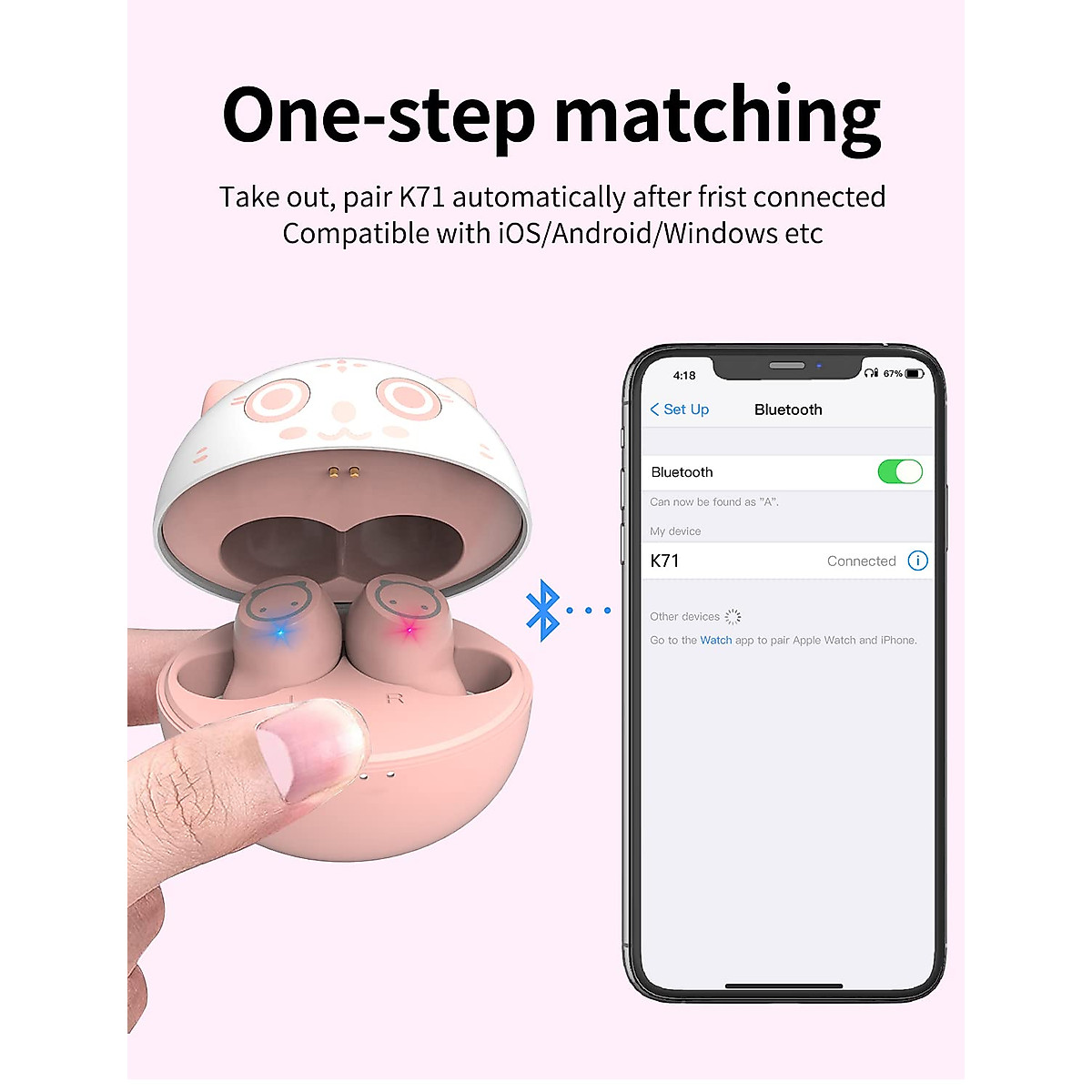 Togetface Bluetooth Kids Earbuds, Pink Wireless Earbuds for Girls and School Classroom Earpods Small Ears Headphone Earphones Airpods in-Ear Headset