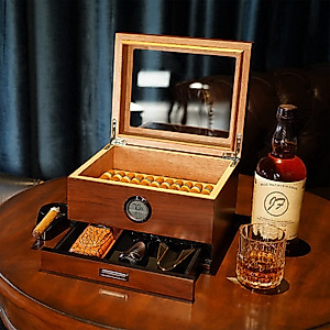 Cigar Humidors, Handcrafted Spanish Cedar Glass Top Humidor, Cigar Desktop Box Accurate Digital Hygrometer with 2 Humidor Solution(25-55 Cigars) by Jansfuren